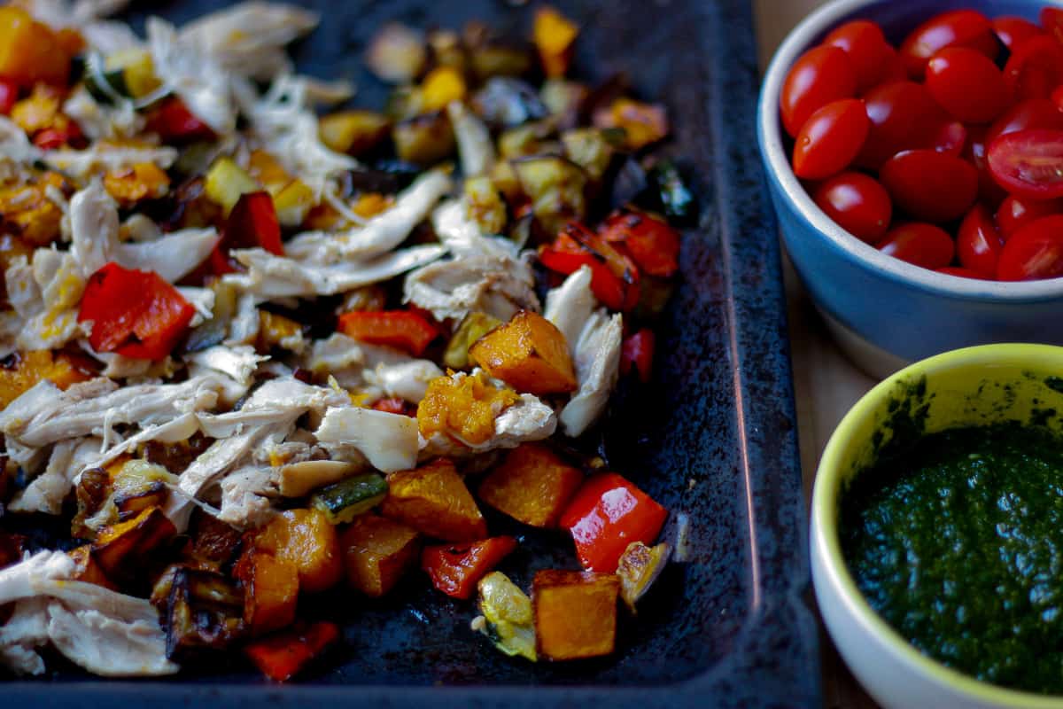 Roasted Vegetable Penne with Chicken and Basil Sauce • Hangry Miss